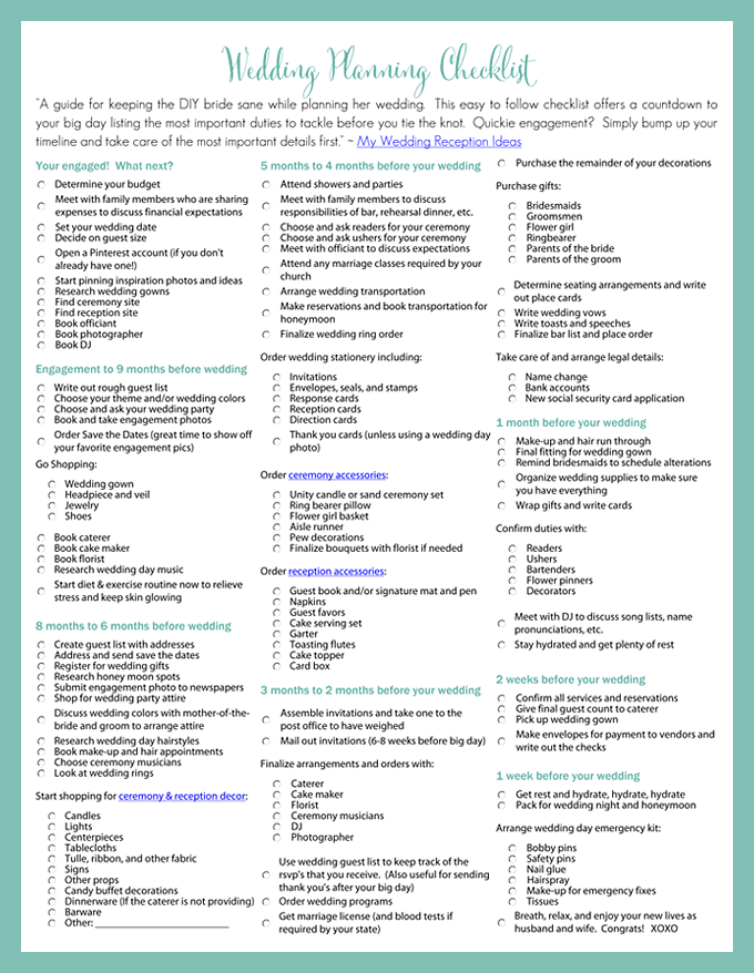 Printable Wedding Timeline Checklist Mt Home Arts