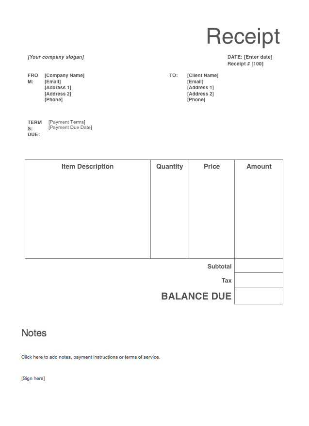 Printable Downloadable Receipt Template