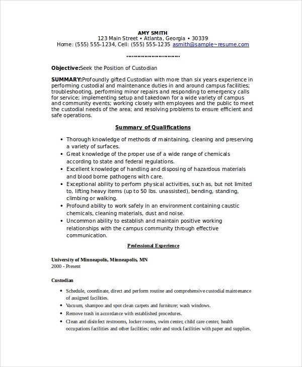 Custodian Resume Samples Mt Home Arts
